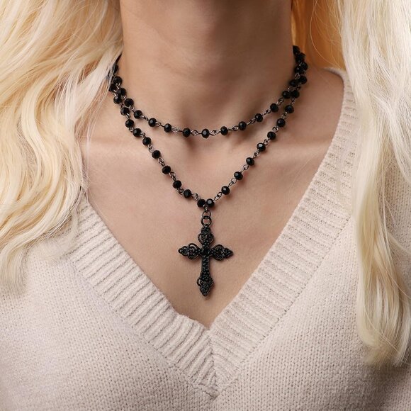 Jewelry | Gothic Layered Cross Choker Necklace Black Bead Cross Choker ...